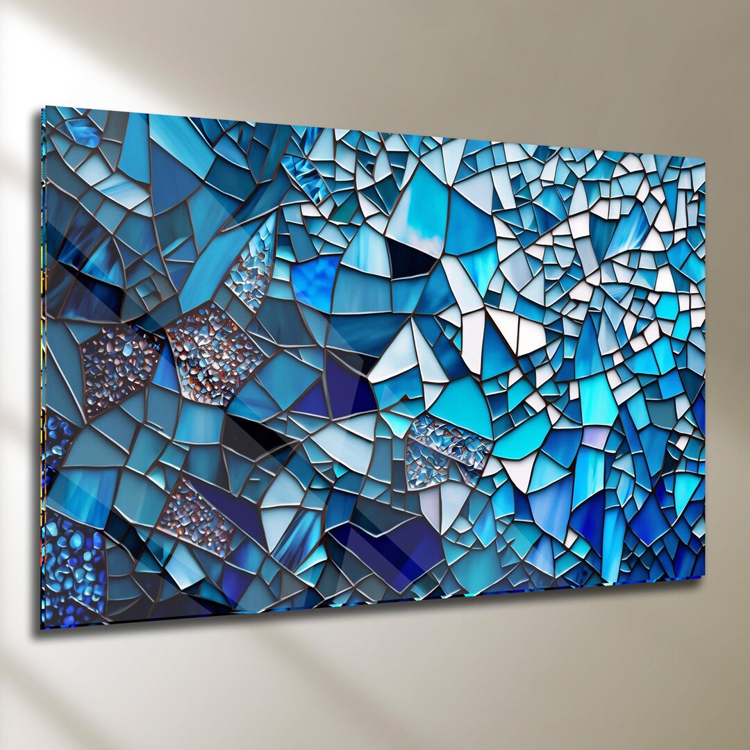 Blue Abstract Tempered Glass Wall Art, Stained Glass Mosaic Look Ocean ...