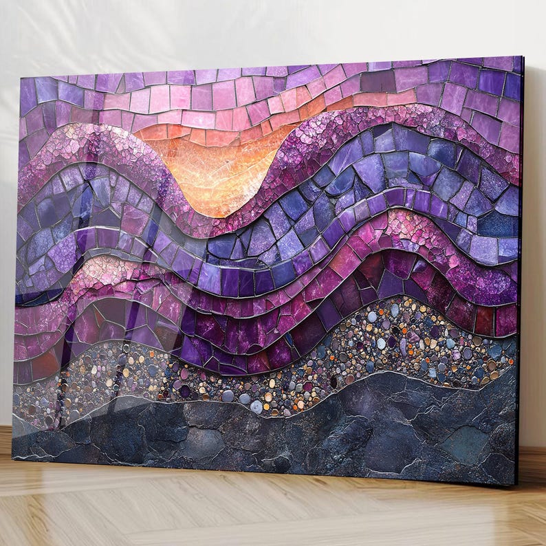 Decorazione murale in vetro temperato con onde viola, stile oceano ...