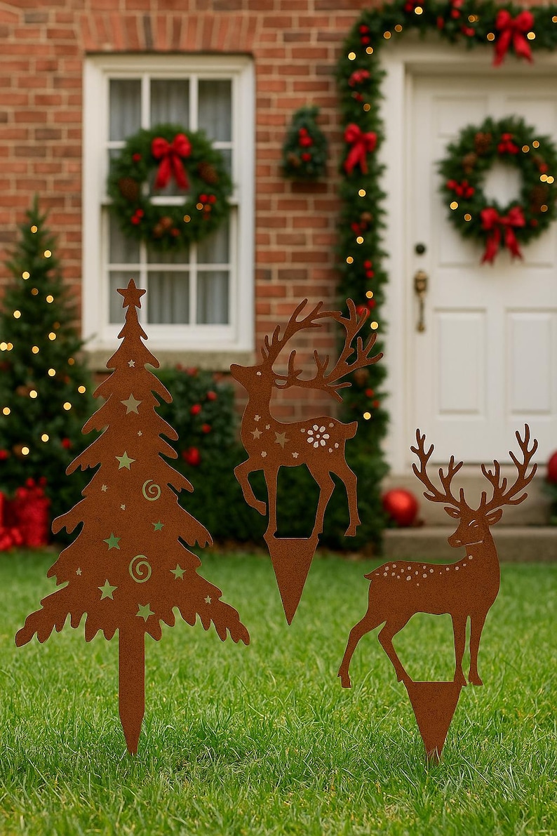 Christmas Garden Stake, Christmas Garden Stake Set With Tree, Deer and ...