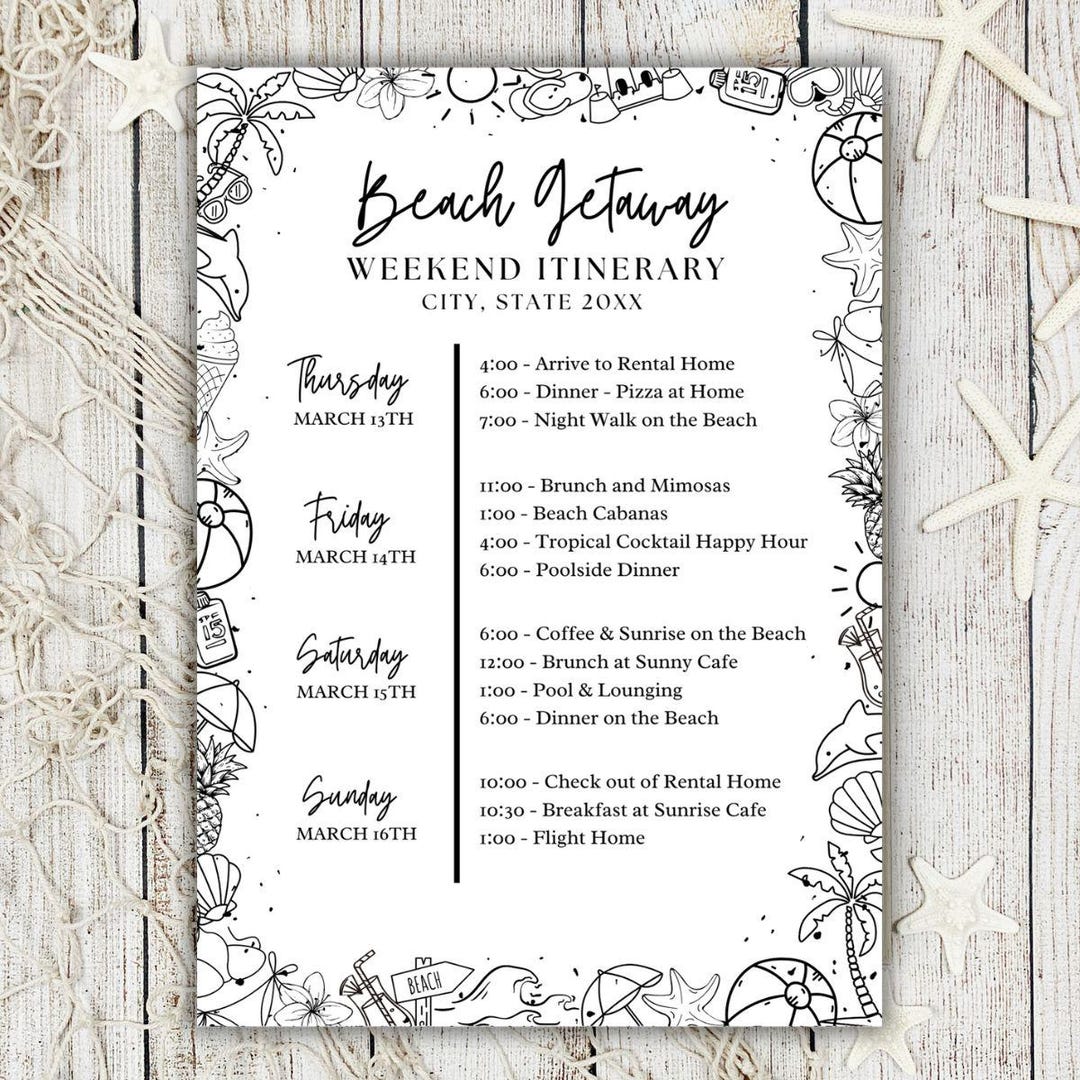 Beach Vacation Itinerary Template, Beach Weekend Trip Planner, Girls ...