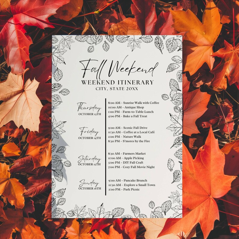 Editable Fall Weekend Itinerary Template, Canva Autumn Trip Planner ...