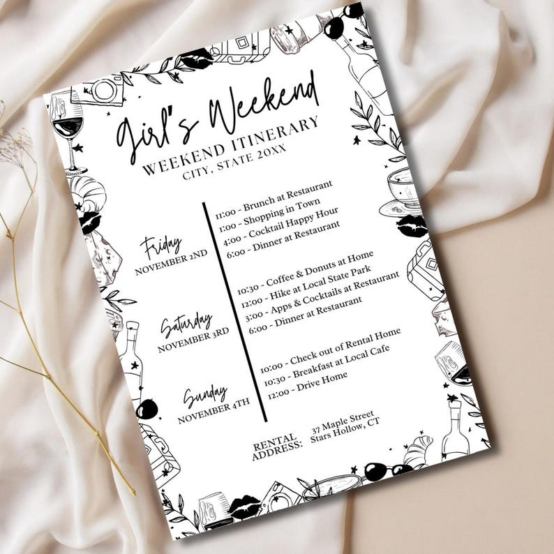 Girl's Trip Itinerary Template, Weekend Birthday Trip Itinerary, Girls ...