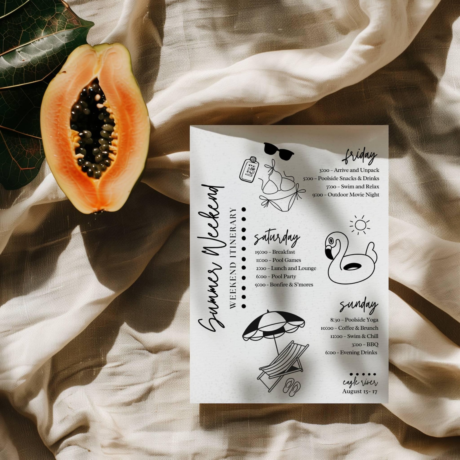 Editable Summer Weekend Itinerary Template, Canva Pool Party Planner ...
