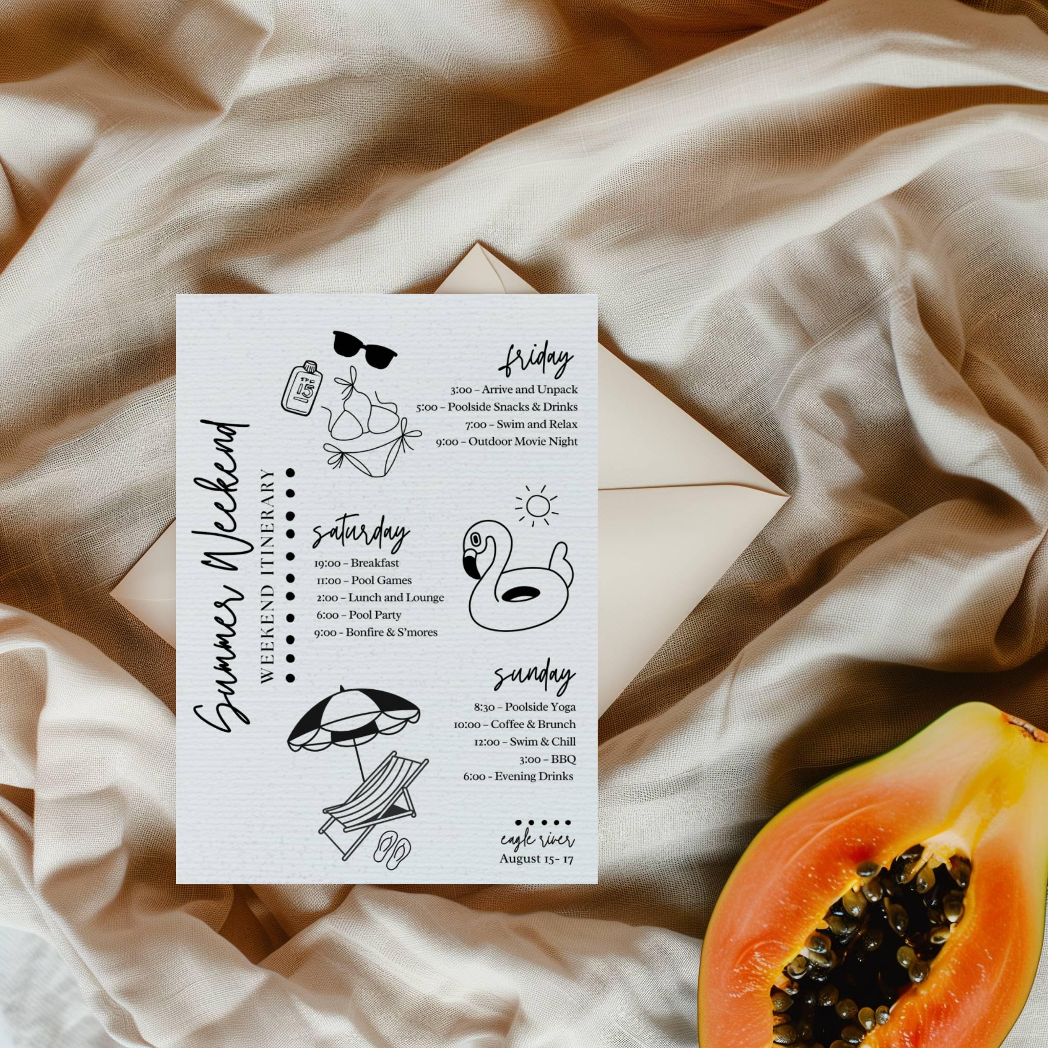 Editable Summer Weekend Itinerary Template, Canva Pool Party Planner ...