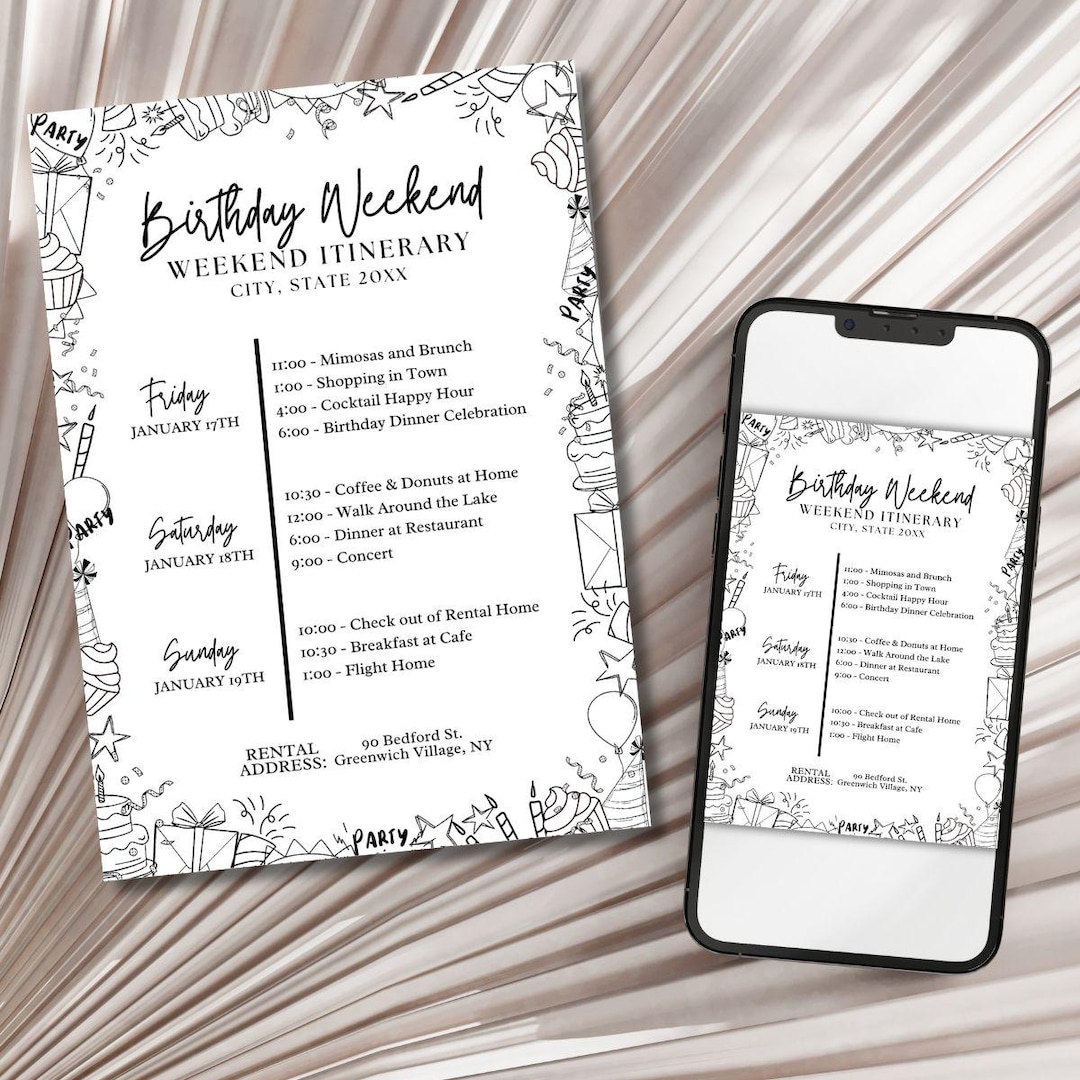 Birthday Itinerary Template, Birthday Weekend Party Schedule, Editable ...