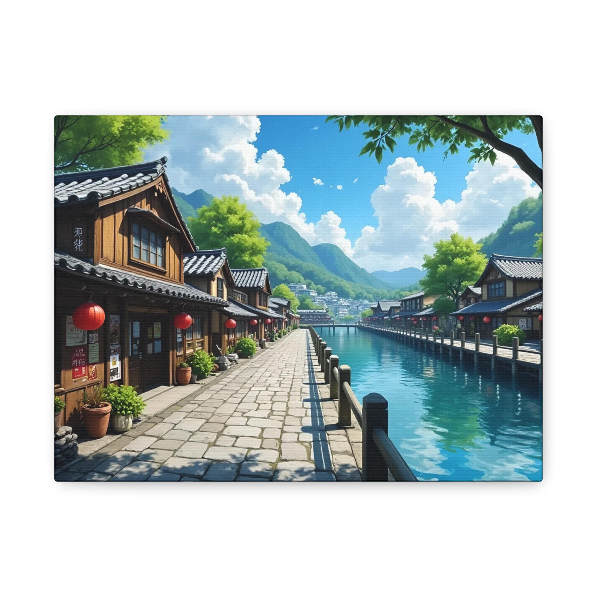 Japanese Waterfront Village Art Print Dynamic Splash Brushstroke ...
