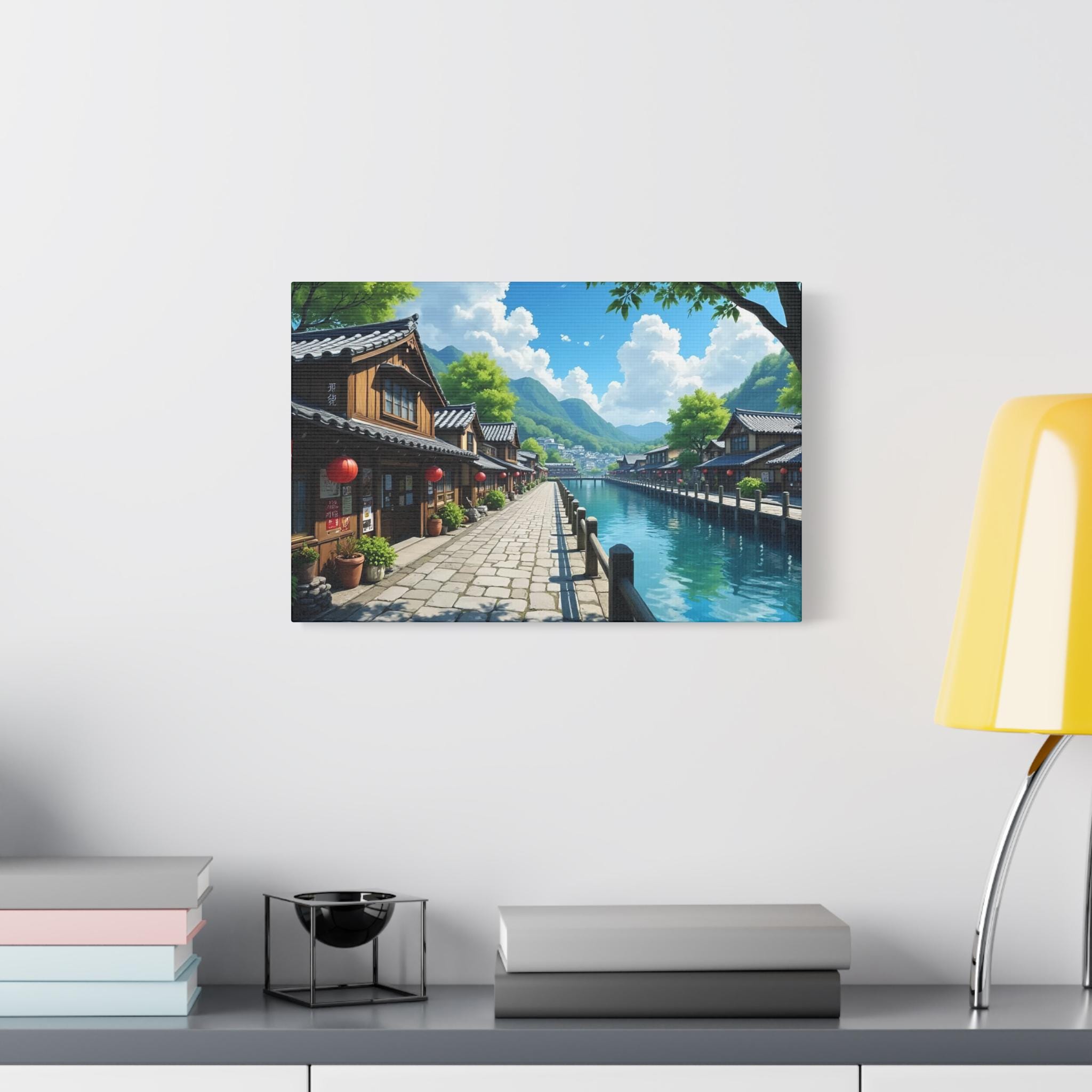 Japanese Waterfront Village Art Print Dynamic Splash Brushstroke ...