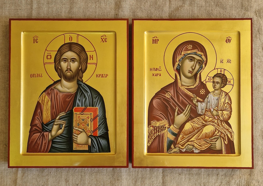 Set of Hand-painted Icons: Christ Pantocrator and Theotokos Hodegetria ...