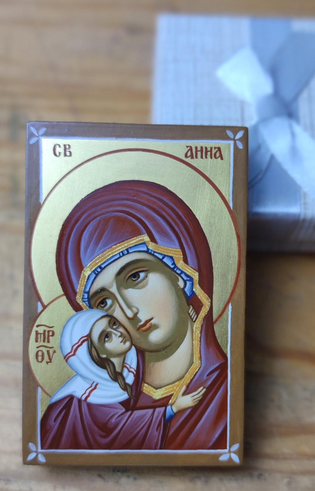 Hand-painted Icon of Saint Anne With the Young Virgin Mary, Size 6x8x1 ...