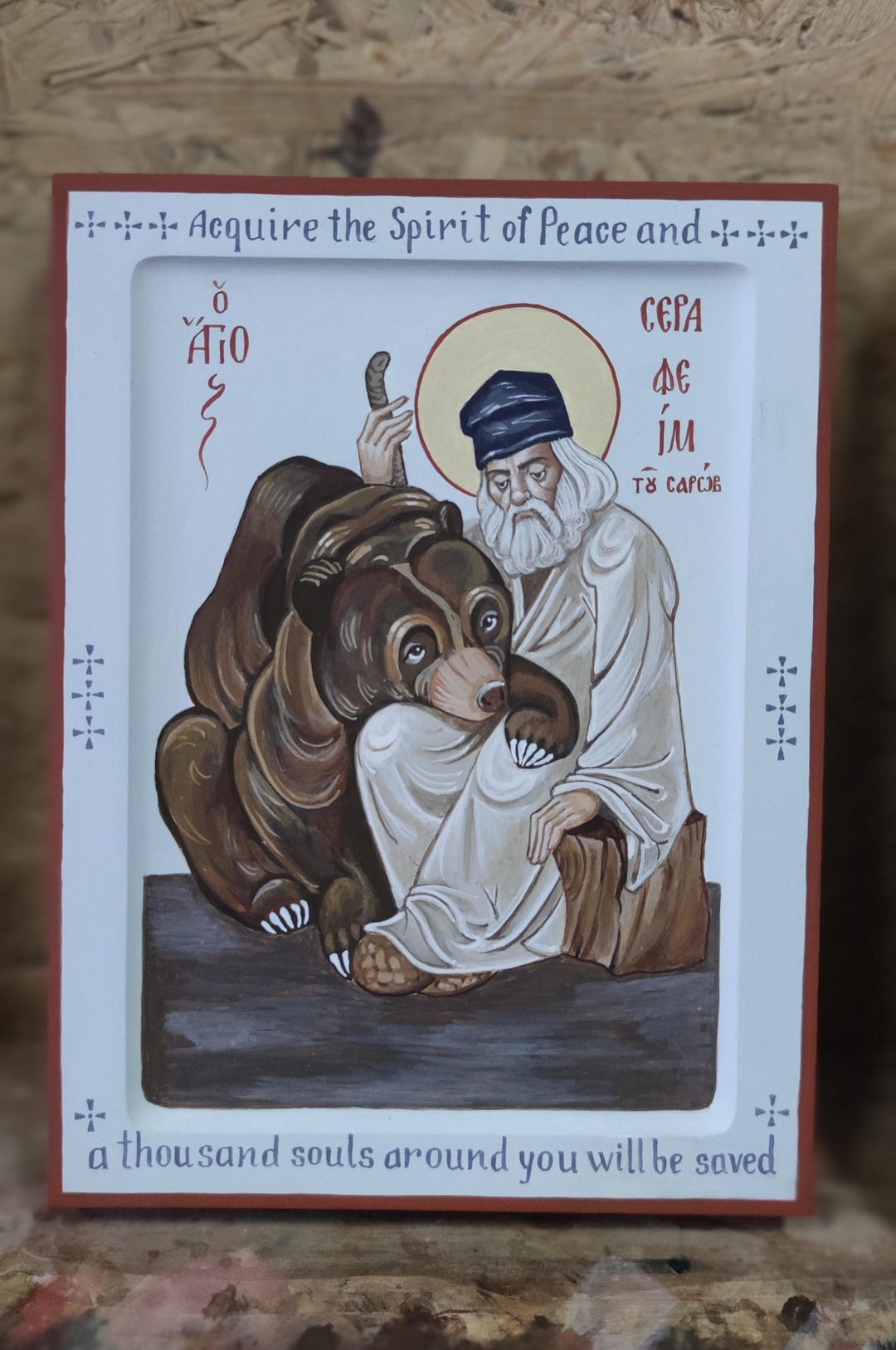 Hand-painted Icon of Saint Seraphim of Sarov With a Bear, Measuring ...