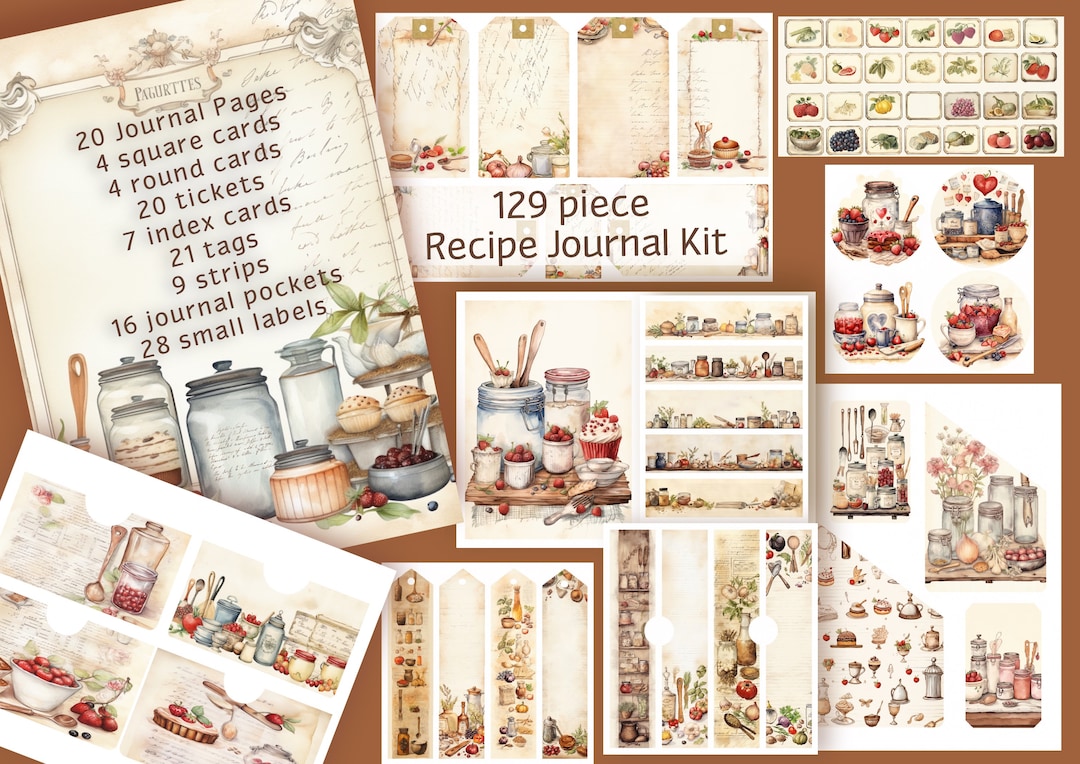 Digital Vintage Recipe Journal Kit, 129 Items, Journal Pages, Pockets ...