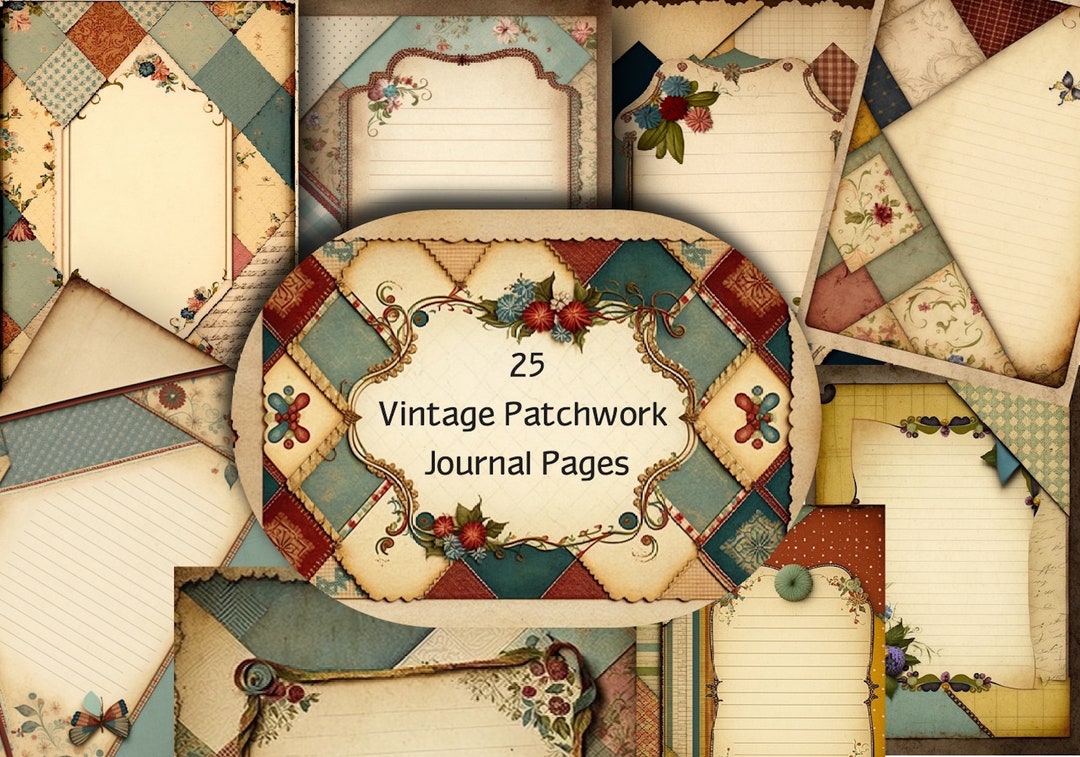 25 Digital Junk Journal Pages Patchwork Quilt Themed Vintage Writing ...
