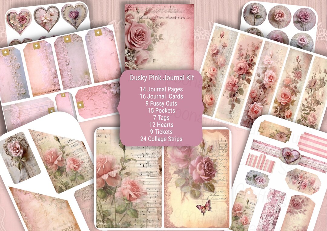 Digital Vintage Dusky Pink Junk Journal Kit Roses Lace, 104 Items 44 ...