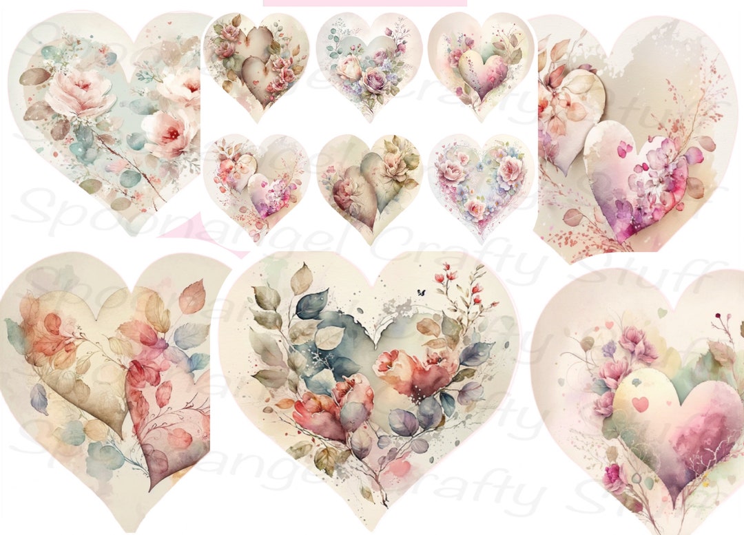 40 Floral Hearts Kit Valentine, Printable Digital Download Soft Pastel ...