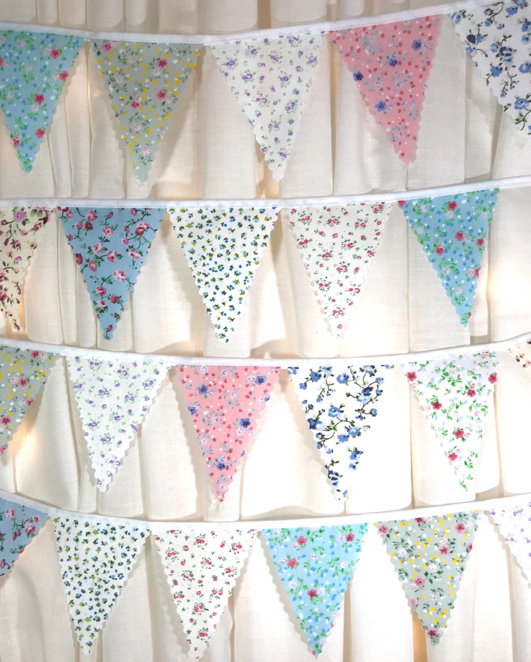 Mini Bunting With 4" Flags 5 Metres Long, Shabby Chic Ditsy Florals ...