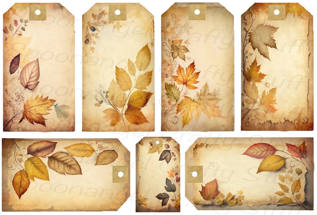30 Digital Gift Tags, Autumn Leaves on Vintage Paper, Ready to Download ...