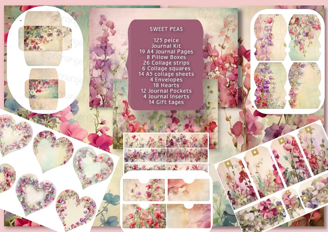 125 Piece Digital Journal Kit, Sweet Peas, Journal Pages, Pockets, Tags ...
