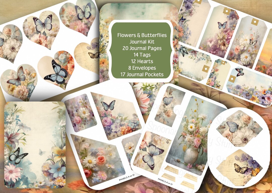 Digital Vintage Floral & Butterflies Junk Journal Kit, 70 Items, Pages ...
