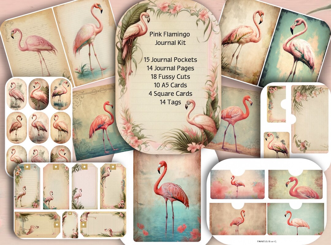Digital in the Pink Flamingo Junk Journal Kit, 75 Items, Pages, Pockets ...