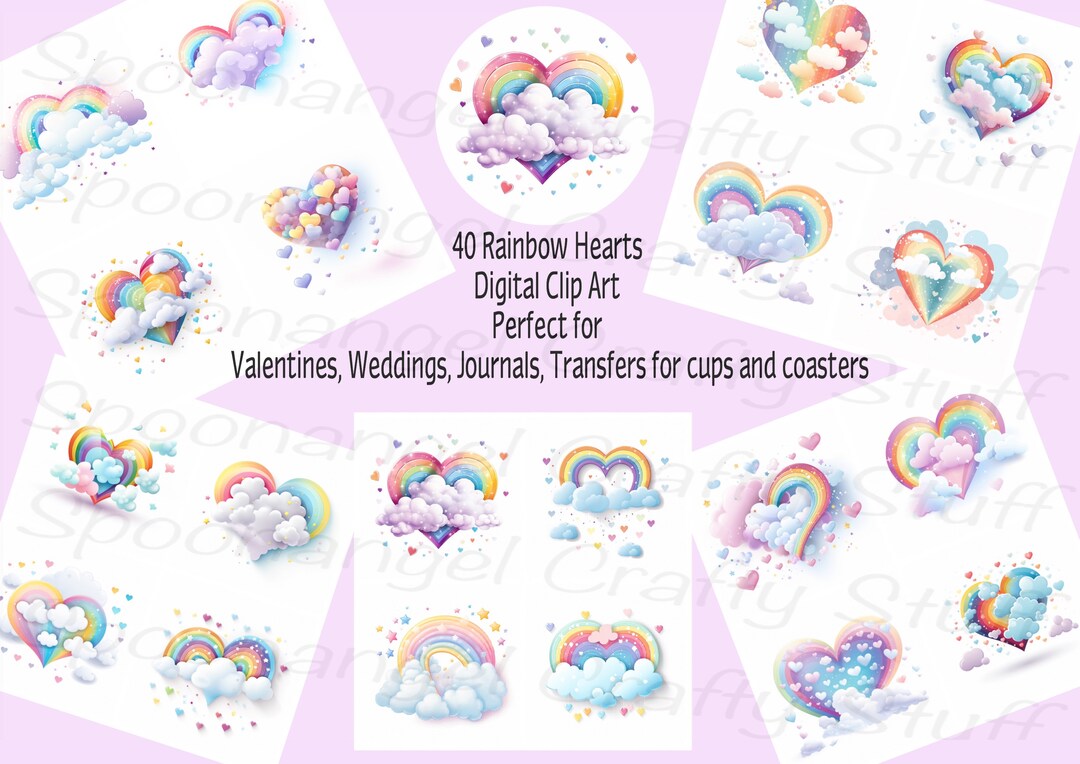 40 Heart Rainbows, Valentine, Clip Art, Printable Digital Downloads ...