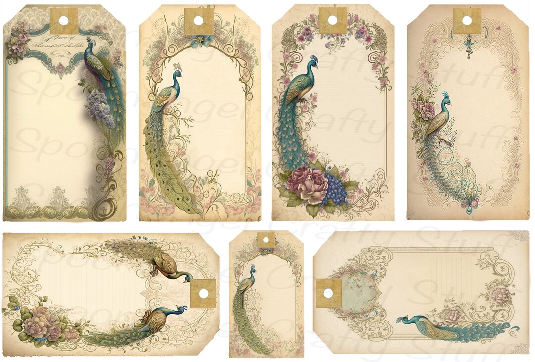 21 Digital Gift Tags, Peacocks and Flowers, Ready to Download and Print ...