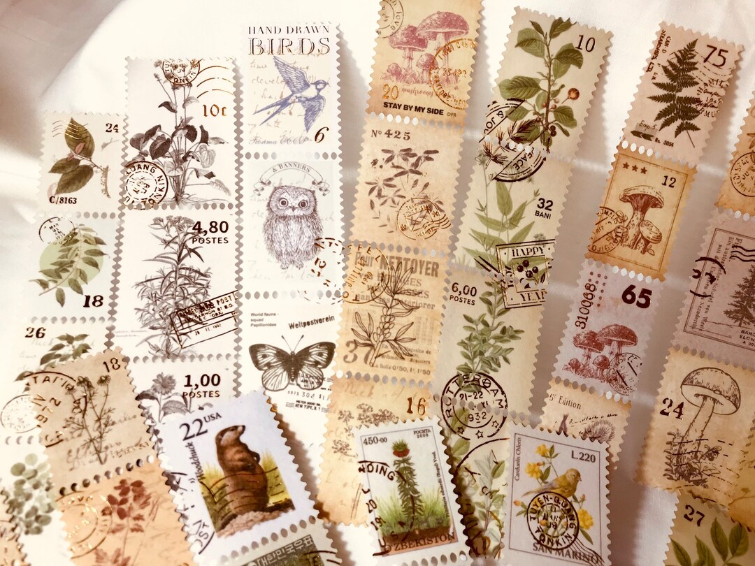 75 Washi Sticker Postage Stamps, Forest Flora & Fauna, Fungi, Trees ...