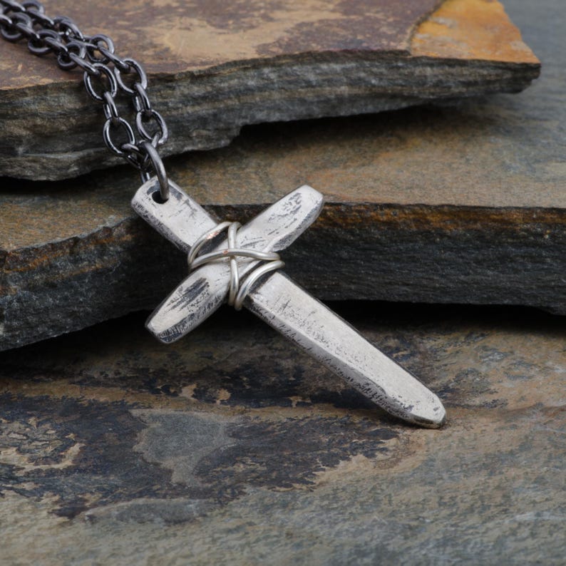 Mens Cross Necklace, Sterling Silver Pendant, Wire Wrapped Rustic Cross ...