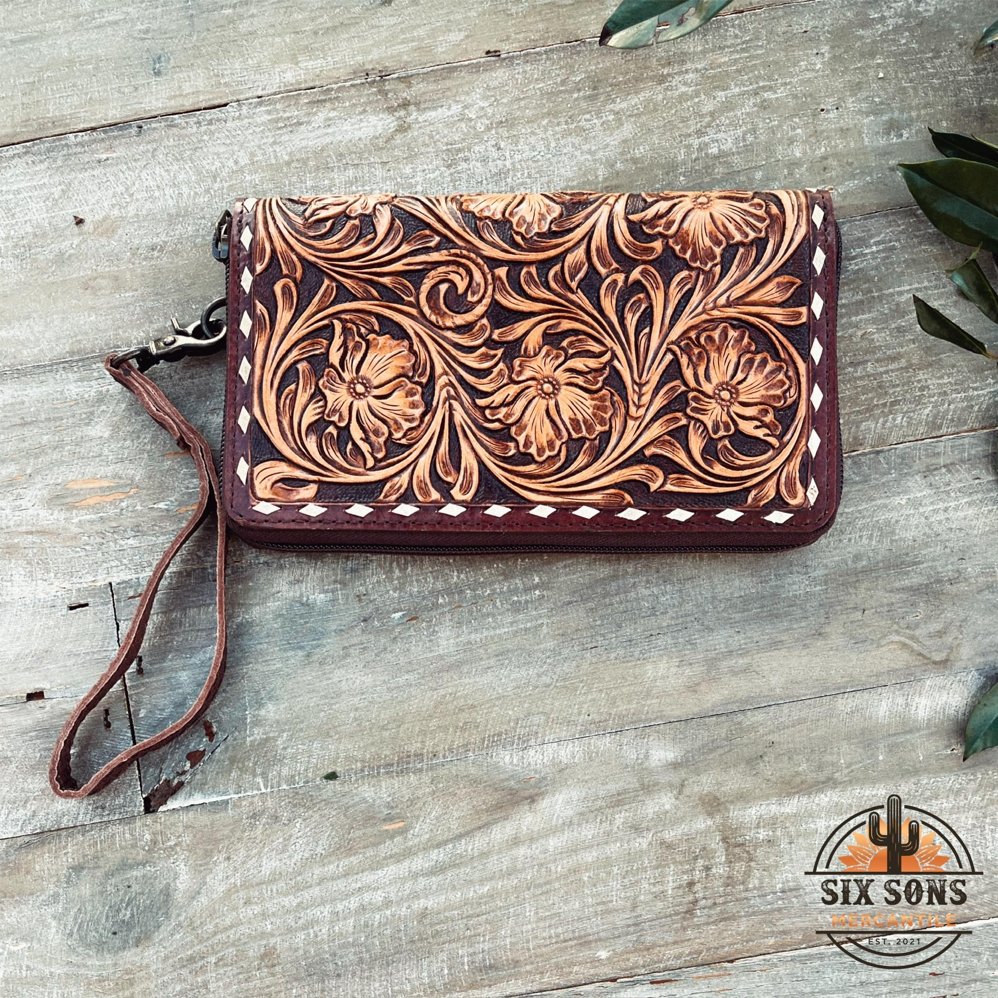 Western Hand Tooled Leather Wallet, Handmade Wristlet, Western Leather ...