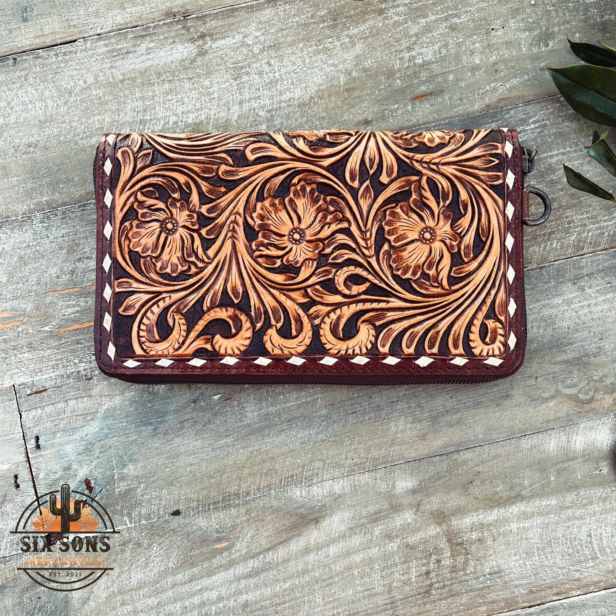 Western Hand Tooled Leather Wallet, Handmade Wristlet, Western Leather ...
