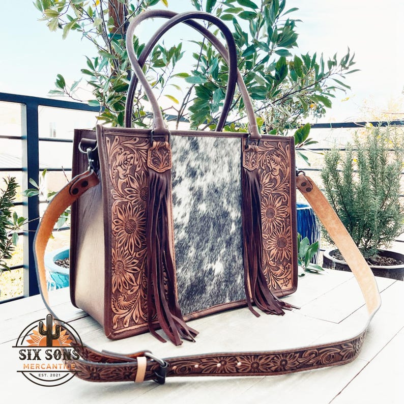 Hand Tooled Leather Cowhide Tote Bag, Western Fringe Purse - Etsy