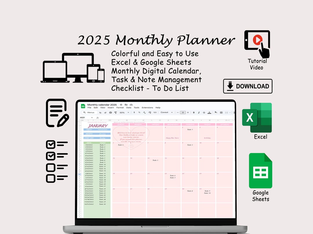 2025 Monthly Planner in Excel & Google Sheets | Monthly Calendar, Task ...