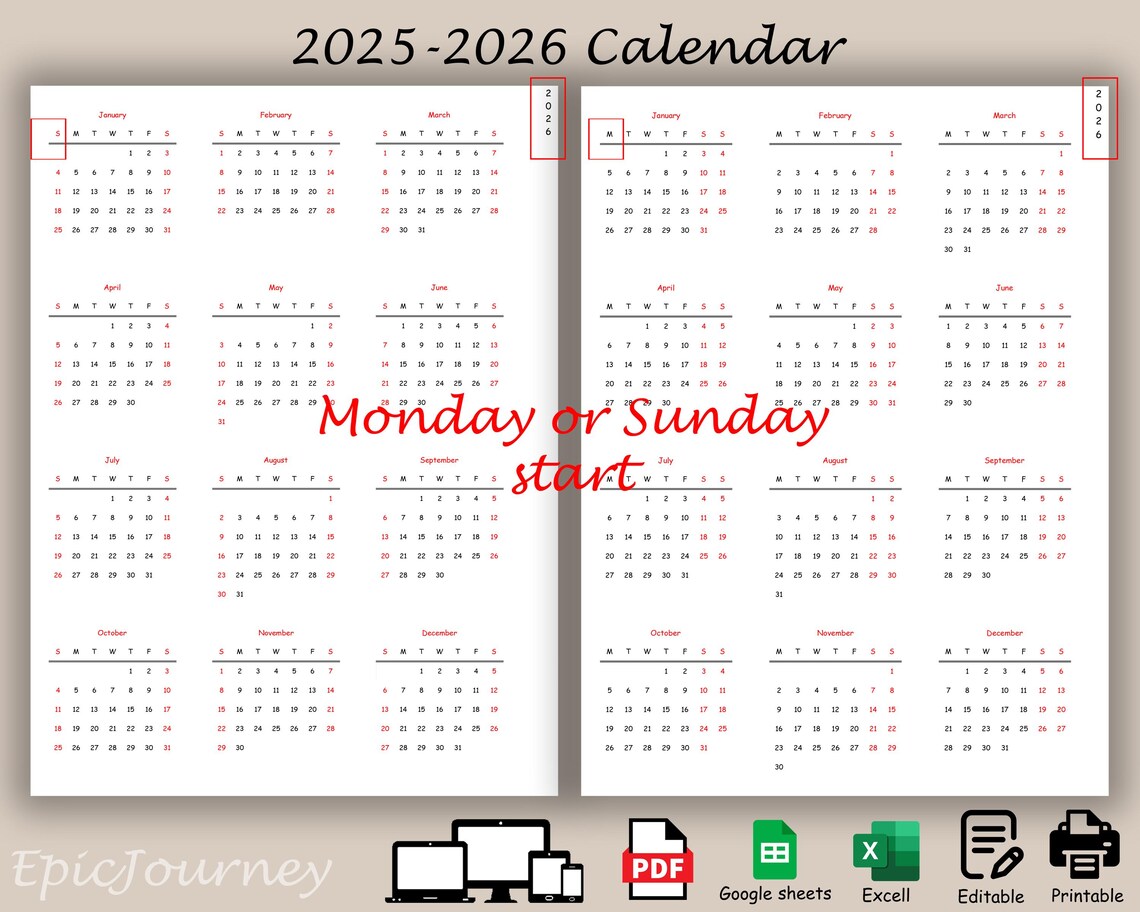 2025 - 2026 Year at a Glance Minimalist Calendar - Printable Editable ...