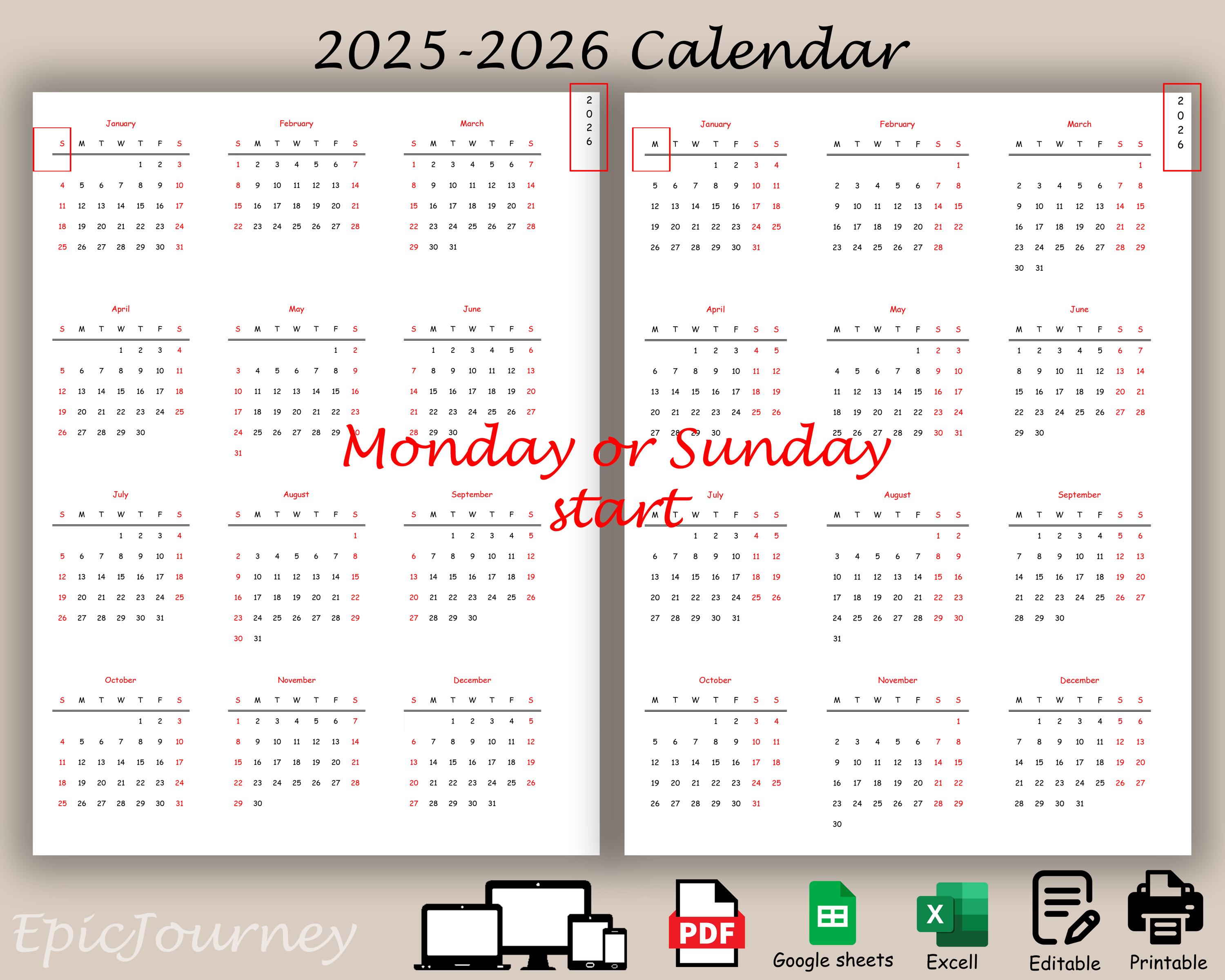2025 - 2026 Year at a Glance Minimalist Calendar - Printable Editable ...