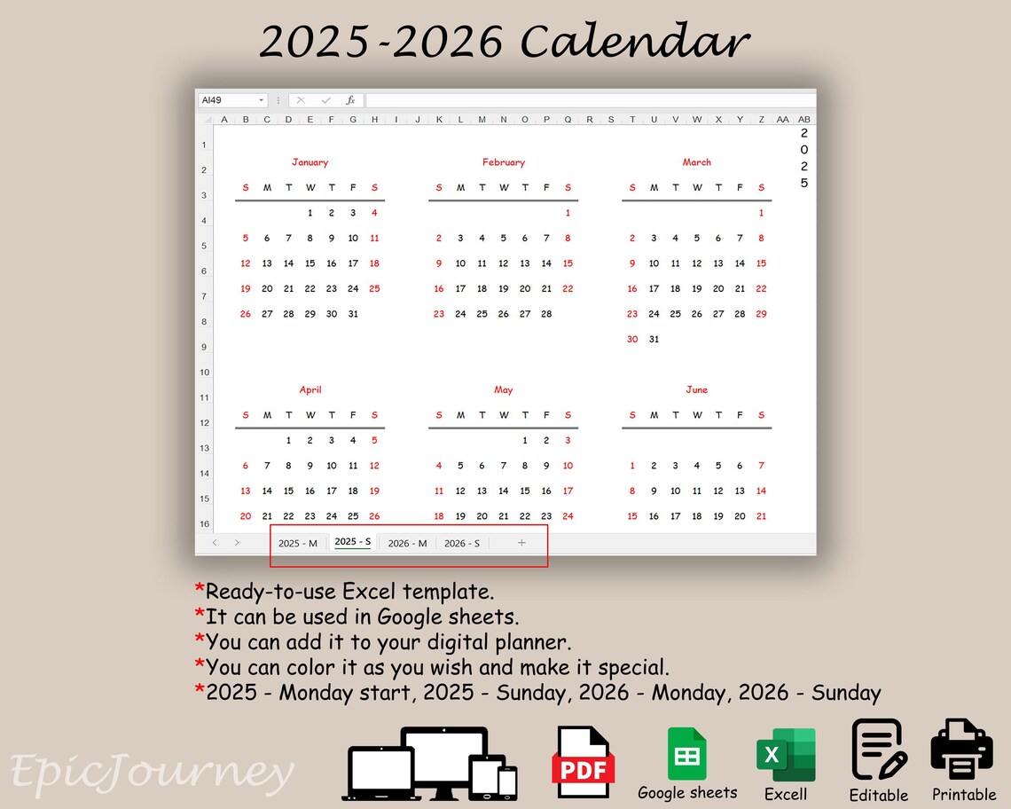 2025 - 2026 Year at a Glance Minimalist Calendar - Printable Editable ...