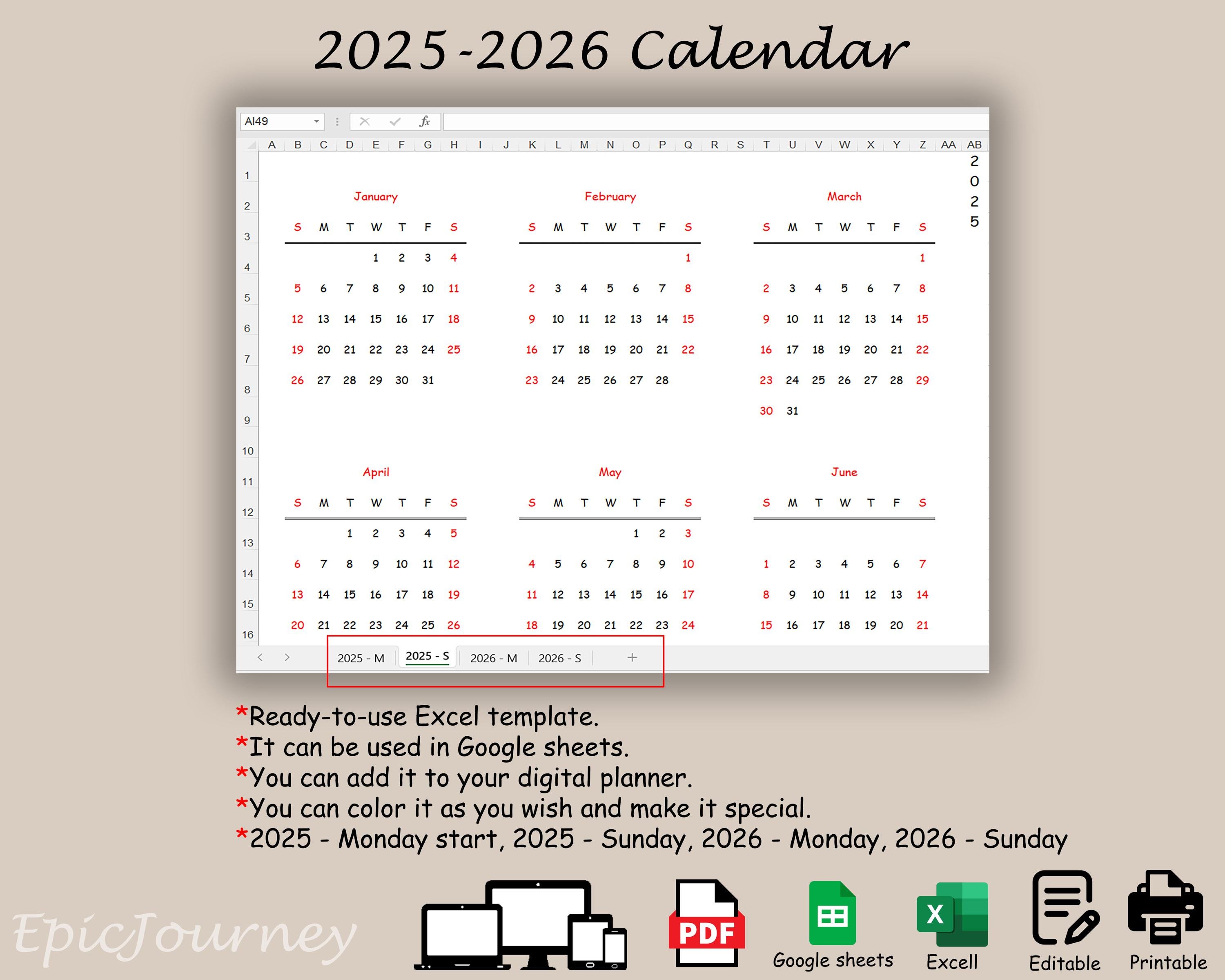 2025 - 2026 Year at a Glance Minimalist Calendar - Printable Editable ...