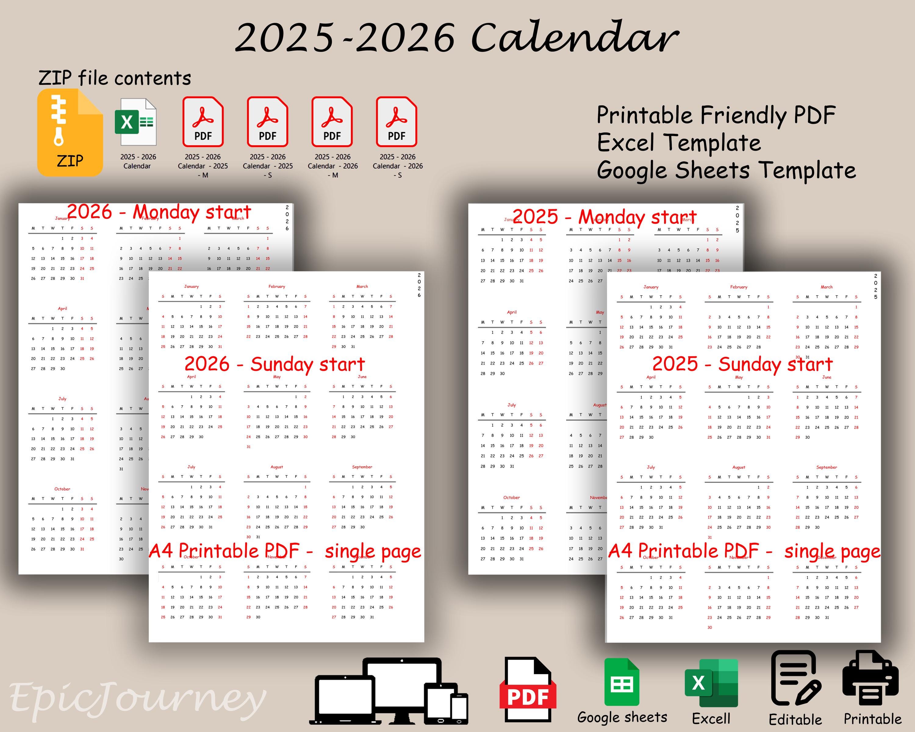 2025 - 2026 Year at a Glance Minimalist Calendar - Printable Editable ...