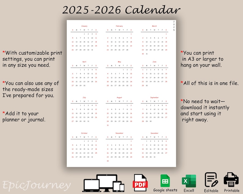 2025 - 2026 Year at a Glance Minimalist Calendar - Printable Editable ...