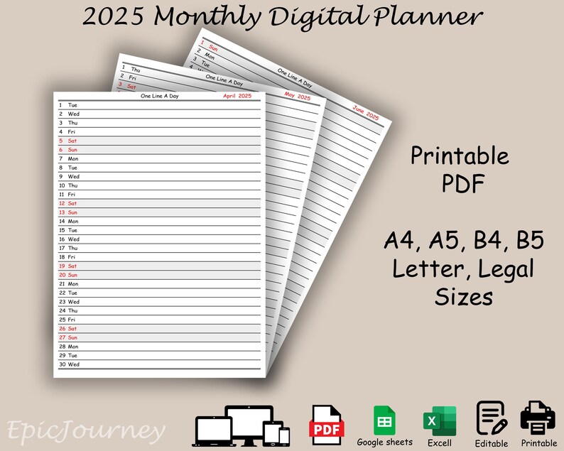 2025 Monthly One Line A Day Planner - Printable and Editable Annual ...