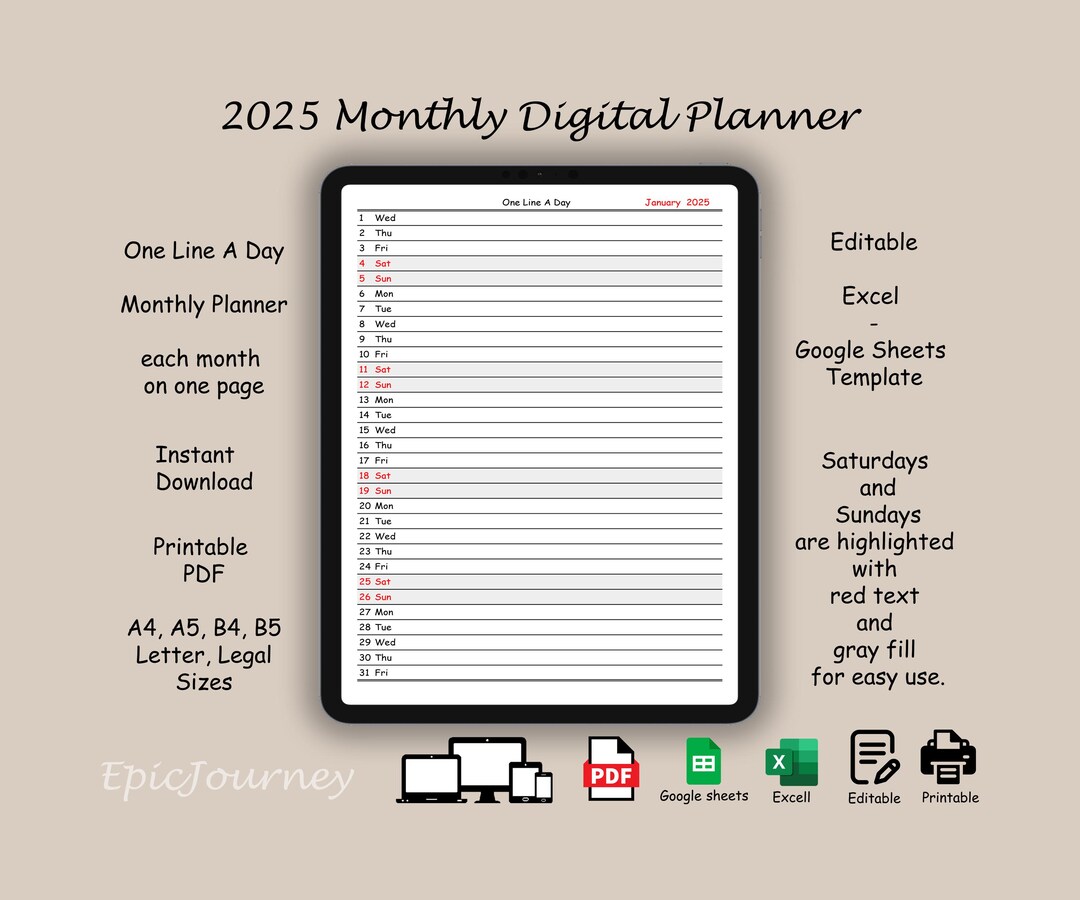 2025 Monthly One Line A Day Planner - Printable and Editable Annual ...