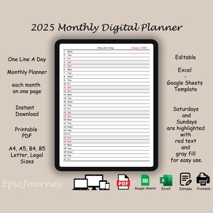 2025 Monthly One Line A Day Planner - Printable and Editable Annual ...