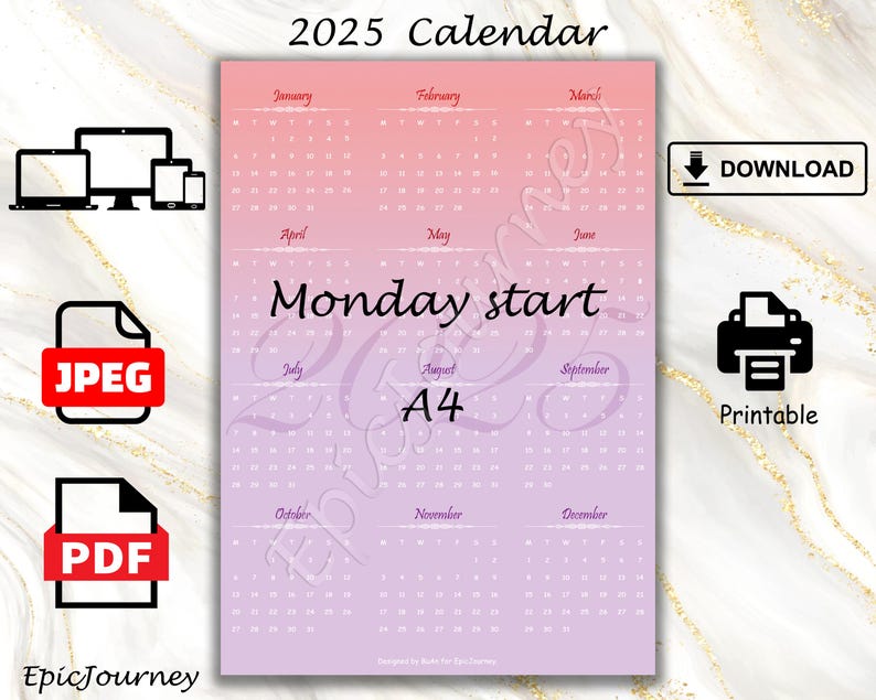 2025 Calendar, Annual Printable Calendar, 2025 Year at a Glance ...