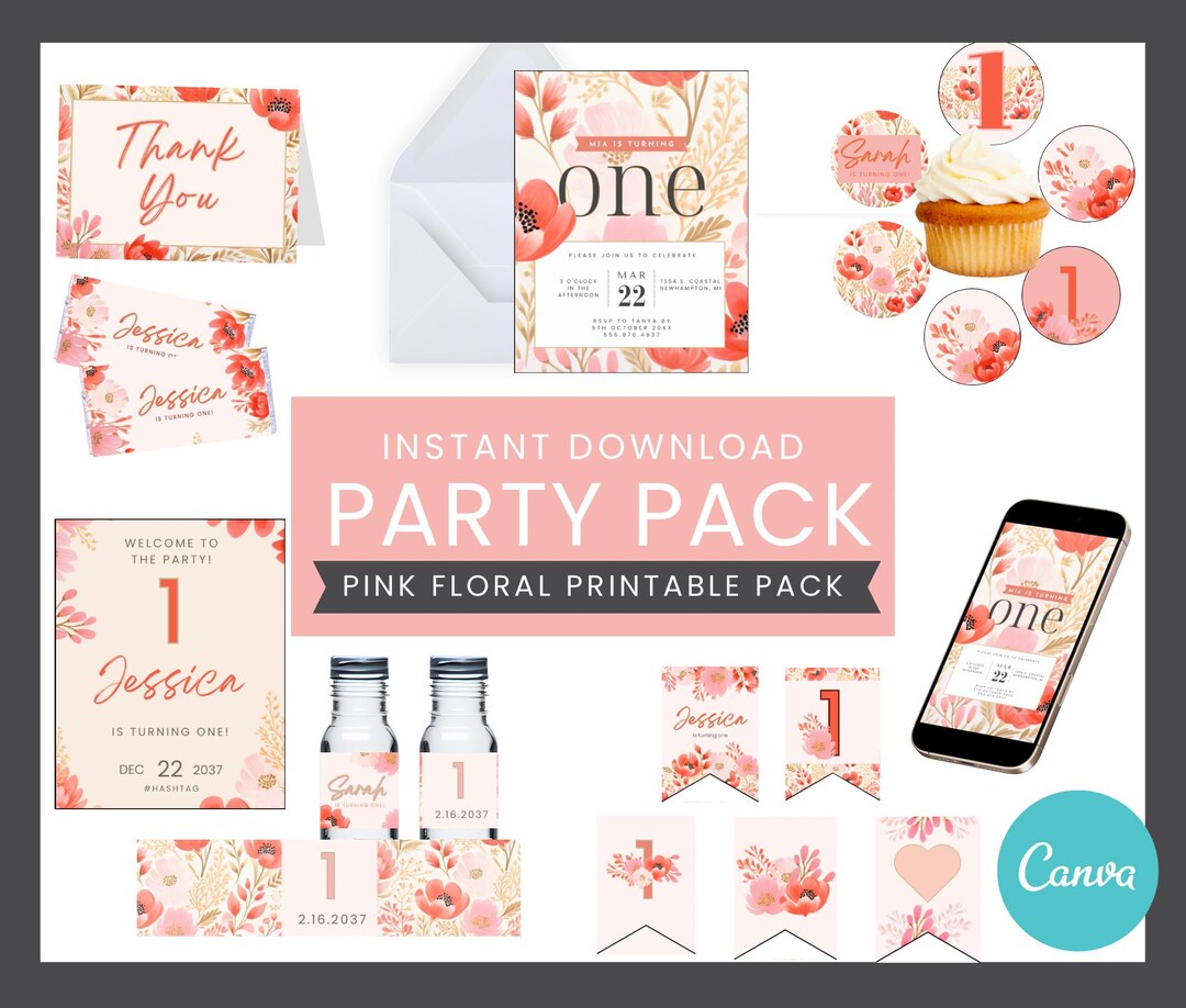 Printable Pink Floral Birthday Party Pack — Editable Invitation ...