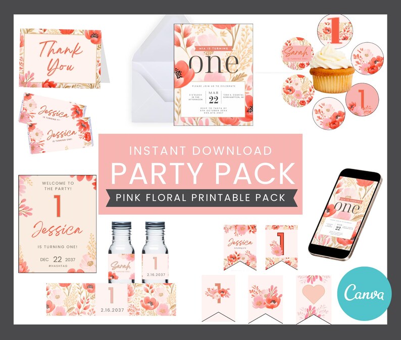 Printable Pink Floral Birthday Party Pack — Editable Invitation ...