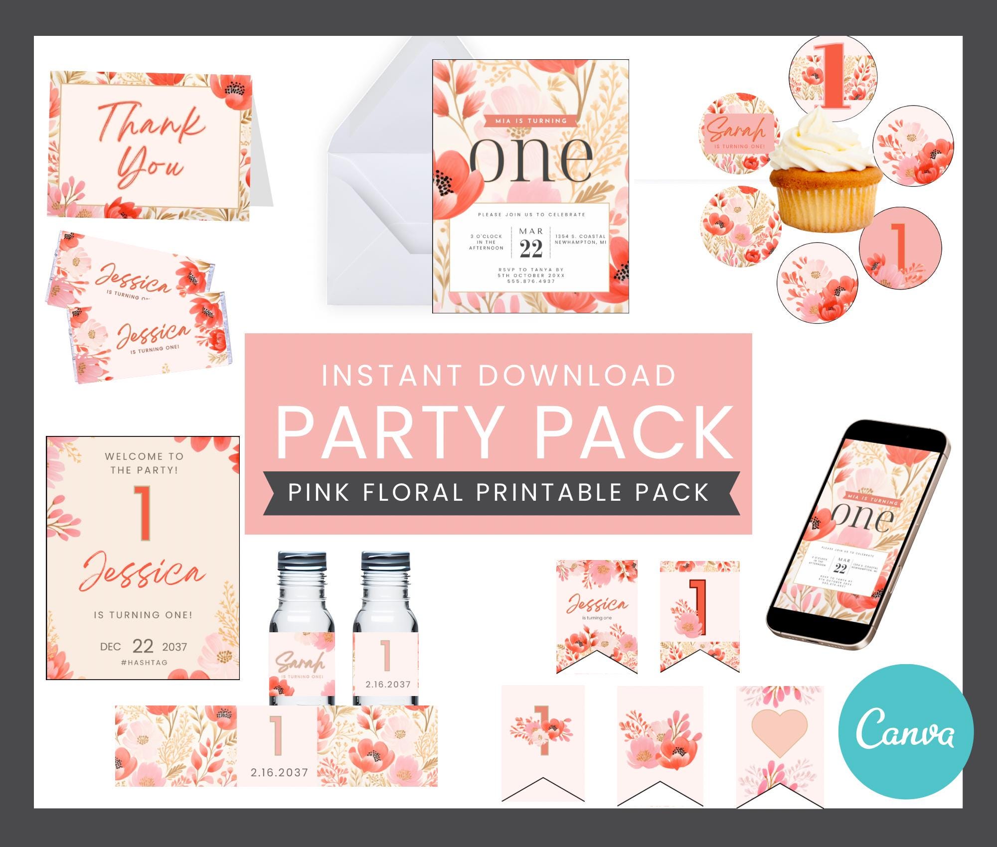 Printable Pink Floral Birthday Party Pack — Editable Invitation ...