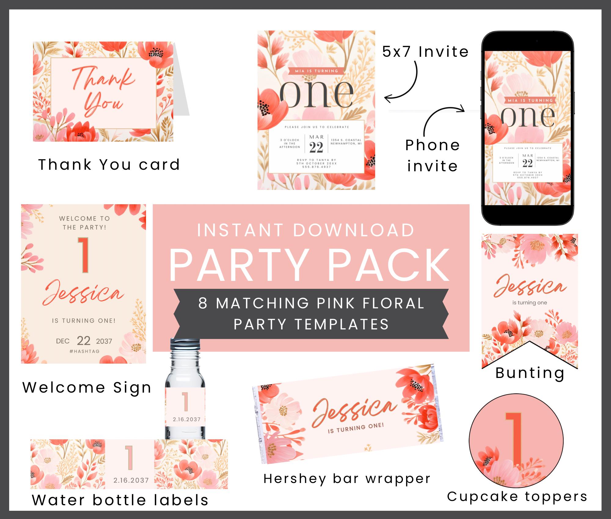 Printable Pink Floral Birthday Party Pack Editable Invitation Floral ...