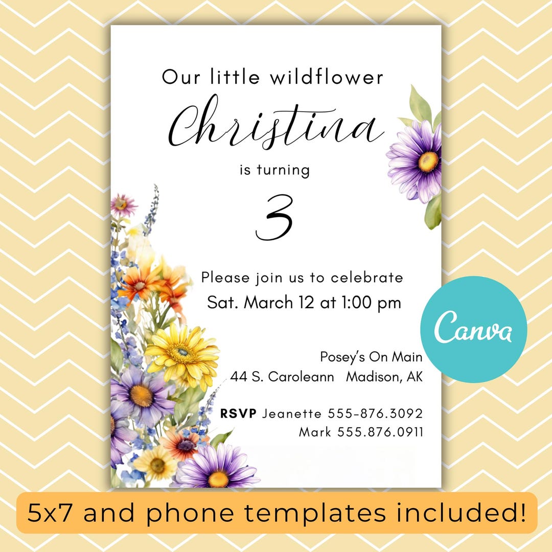 Printable Wildflower Birthday Invitation Template Editable Girls ...