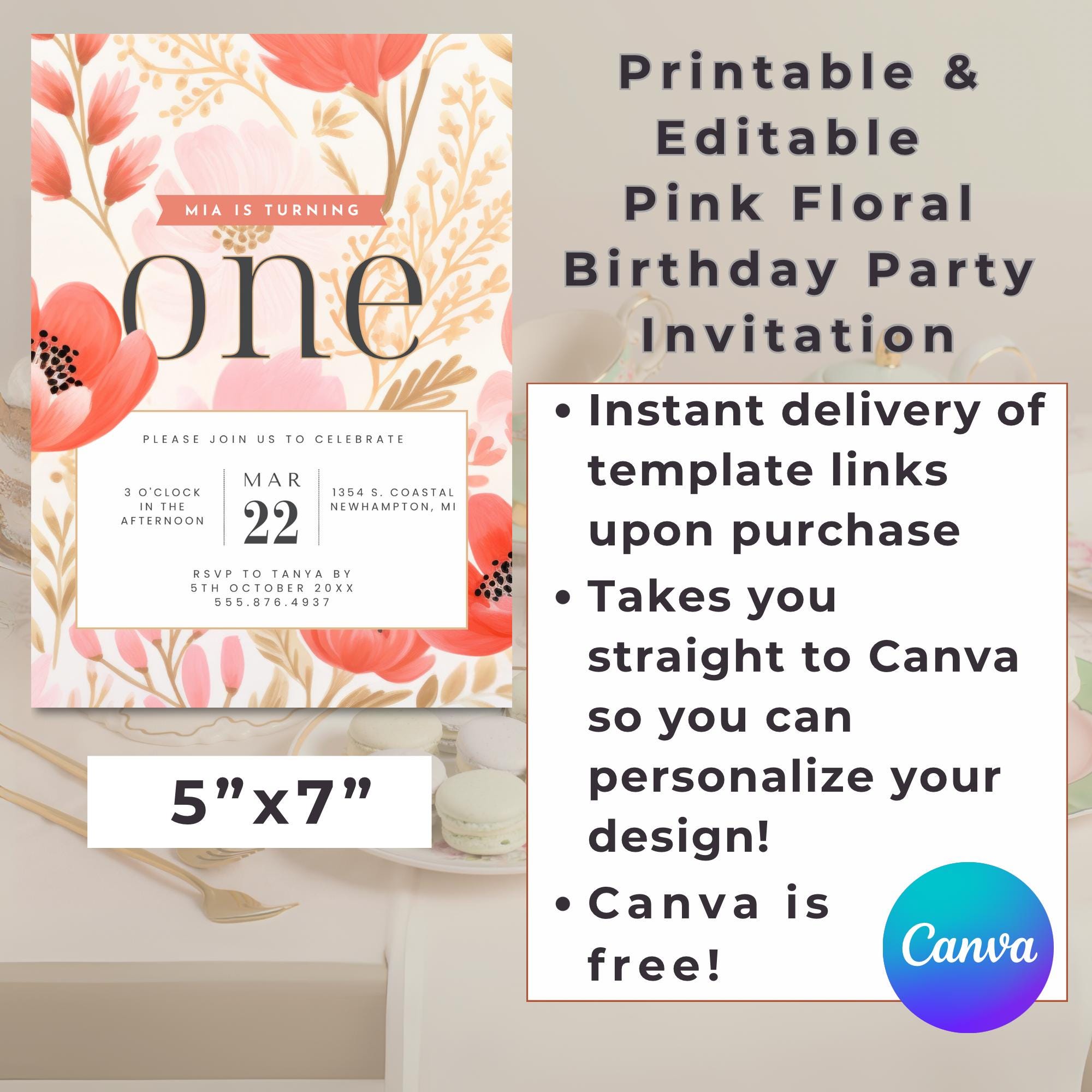 Printable Pink Floral Birthday Party Pack Editable Invitation Floral ...