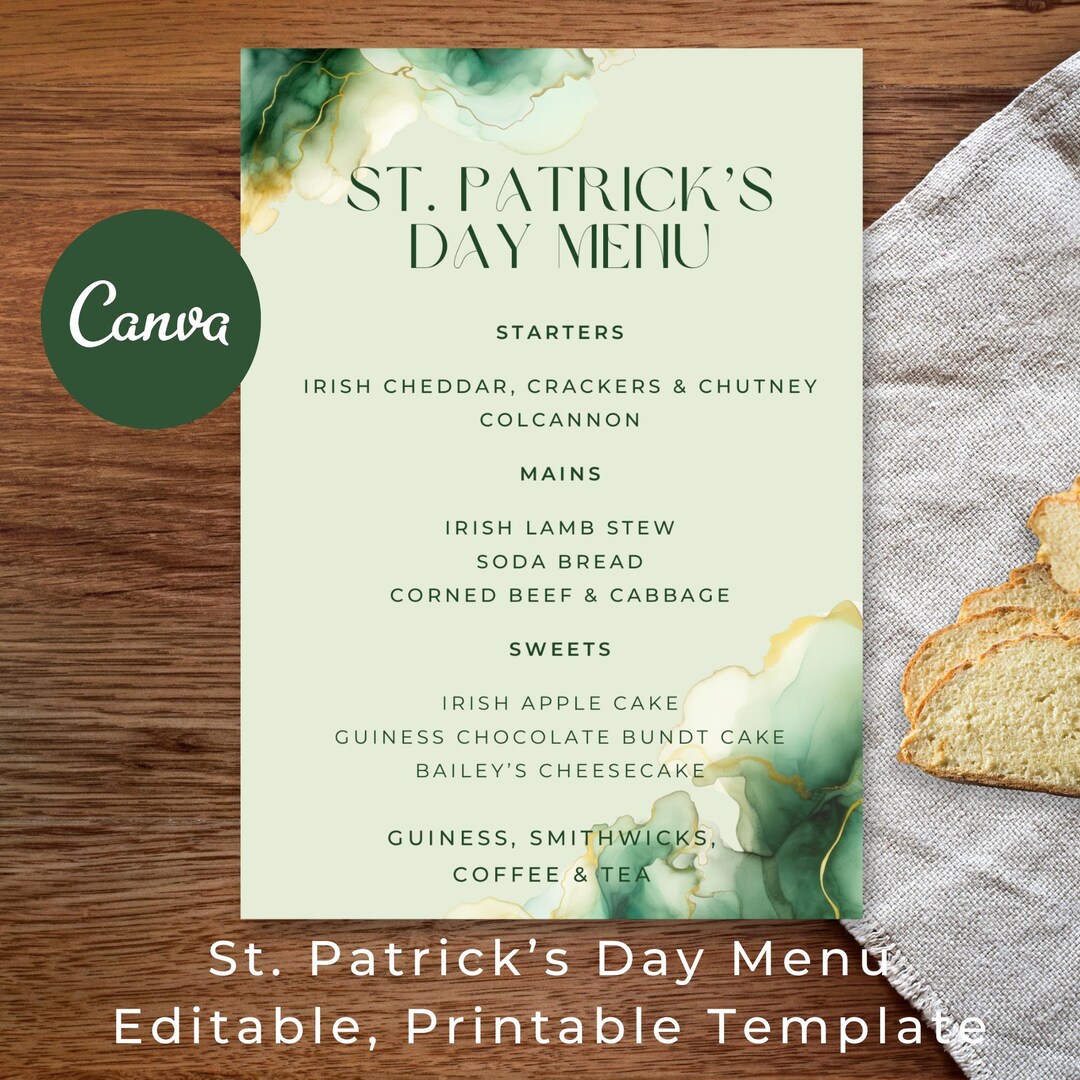 St. Patricks Day Printable Menu Editable St. Patricks Day Menu Template ...