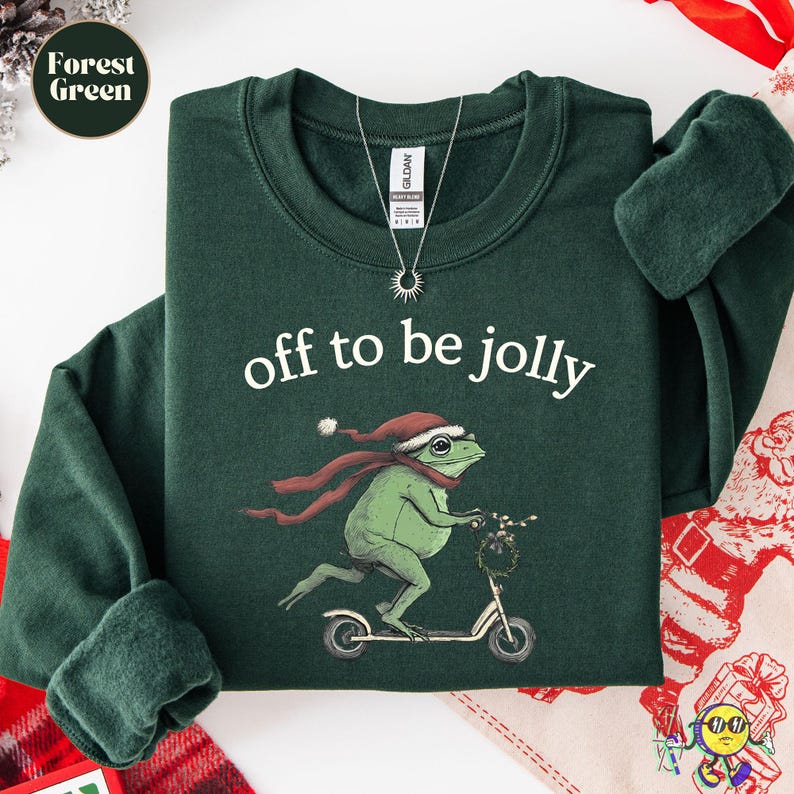 Off to Be Jolly Christmas Shirt: Silly Frog Scooter Meme Shirt ...