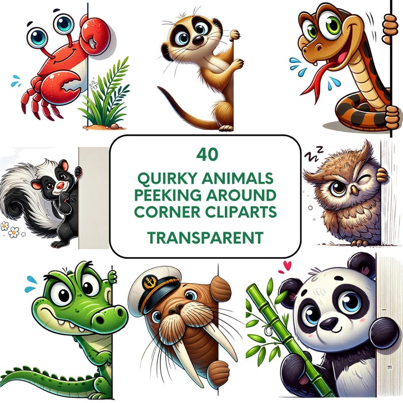 40 Quirky Animal Clipart Pngs, Whimsical Animal Digital Download, Funny ...